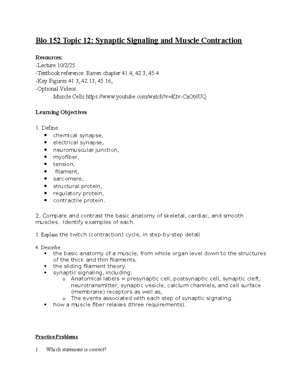 Bio 152 Topic 12 Study Guide: Synaptic Signaling & Muscle Contraction ...