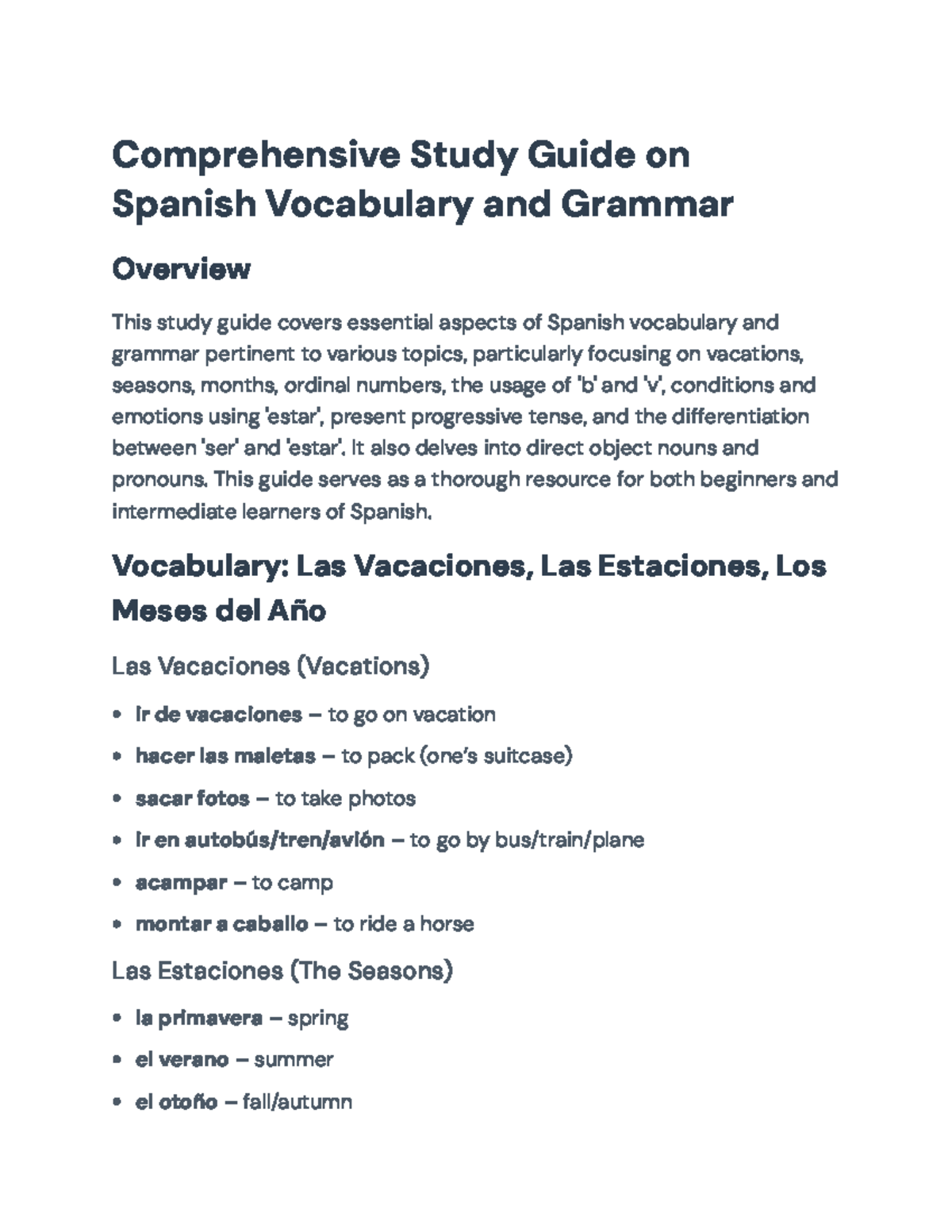 Spanish Grammar & Vocabulary Guide (SPN101): Key Concepts & Usage - Studocu