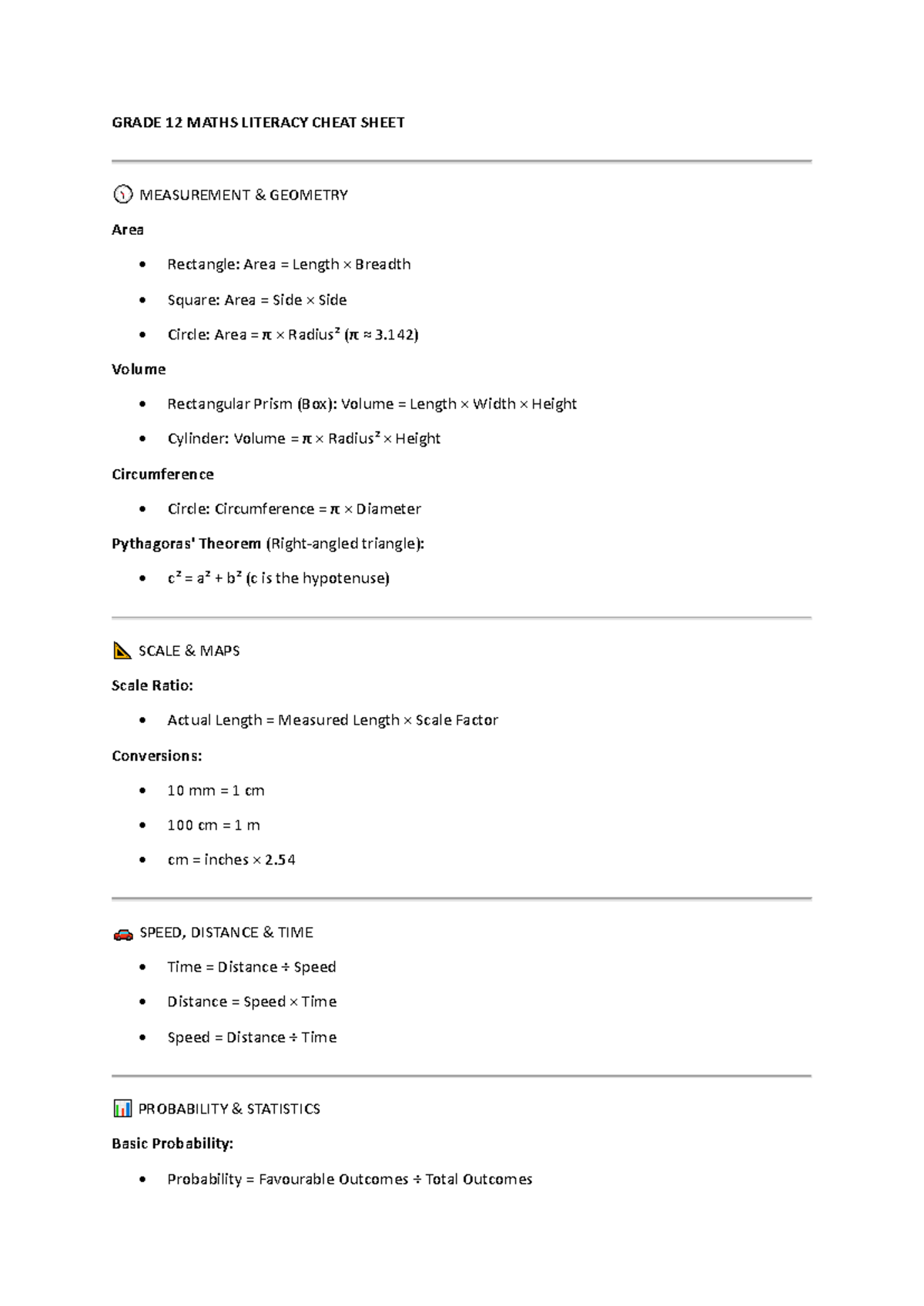 GRADE 12 MATHS LITERACY CHEAT SHEET PAPER 2: MEASUREMENT & GEOMETRY ...