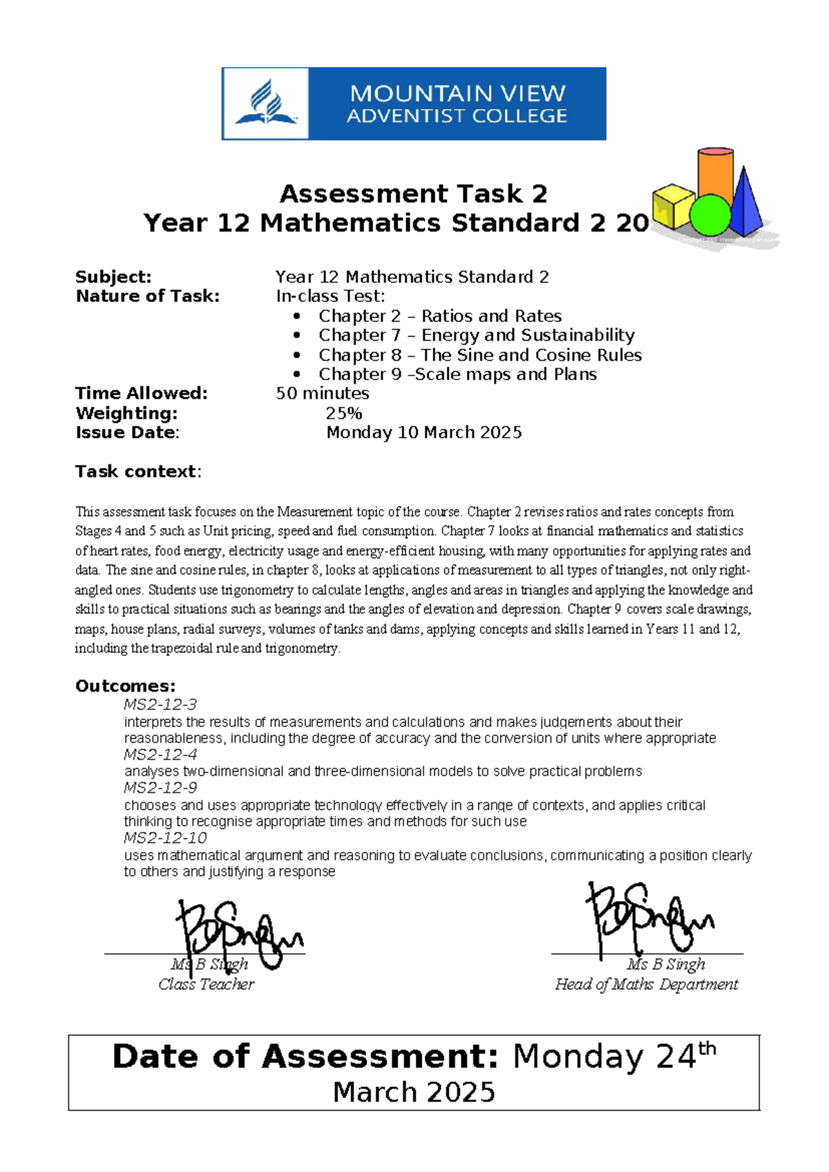 Year 12 Maths Std 2 Assessment Task 2: In-Class Test Details 2025 - Studocu