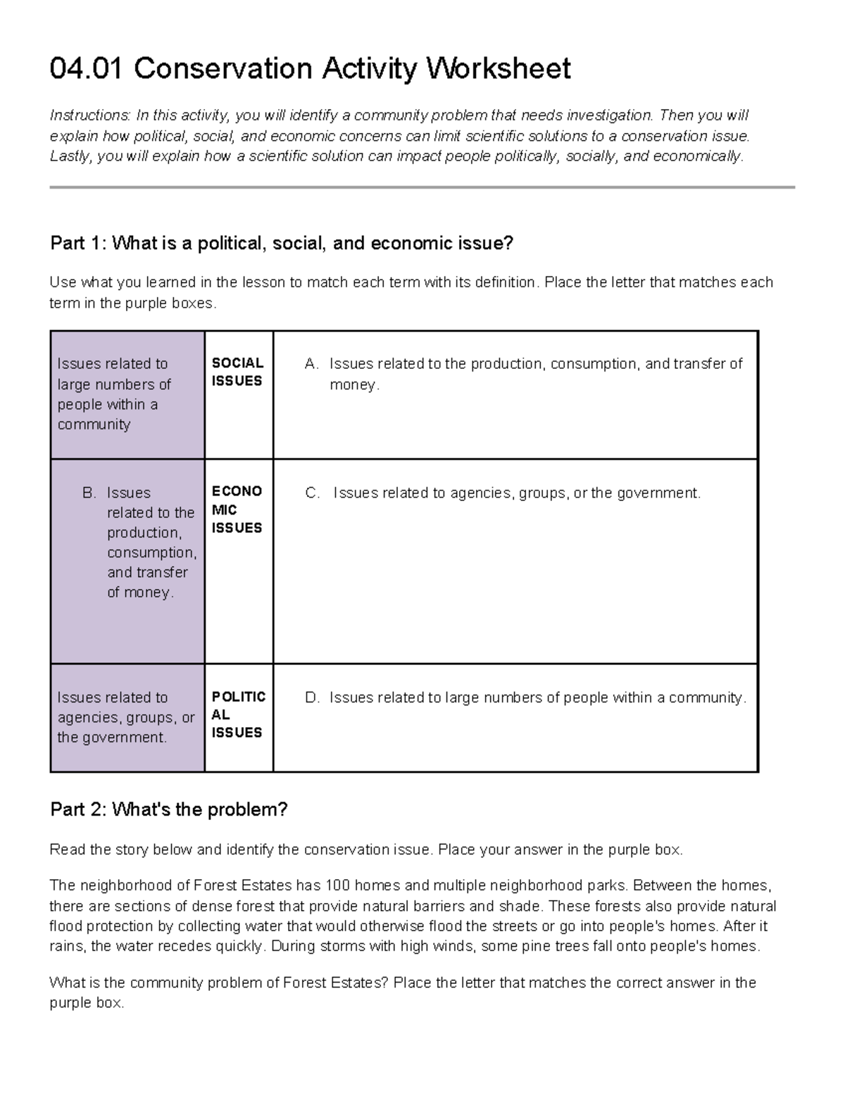 04.01 Conservation Activity Worksheet: Community Issues & Solutions ...