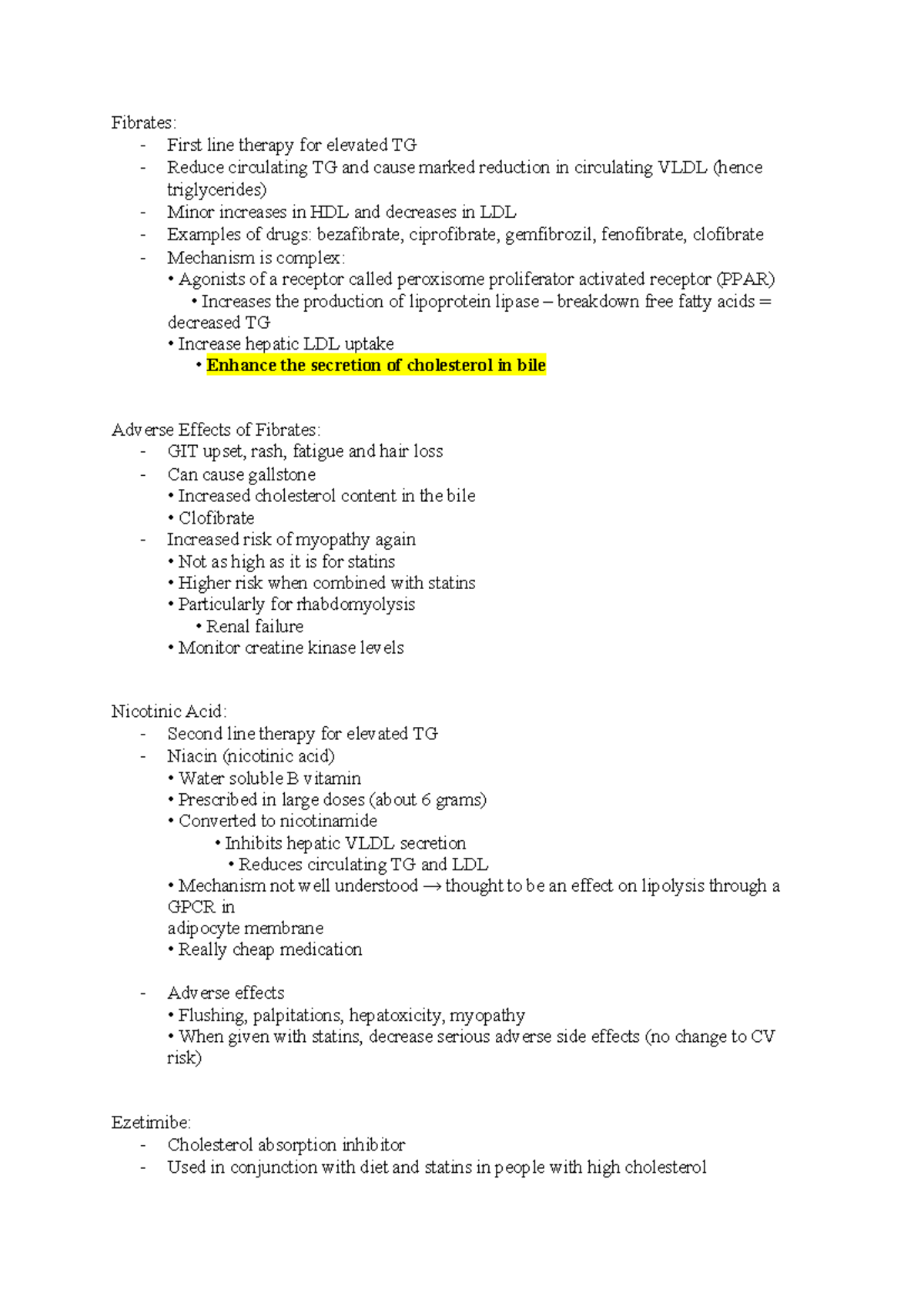 Fibrates - lecture notes - Fibrates: - First line therapy for elevated ...