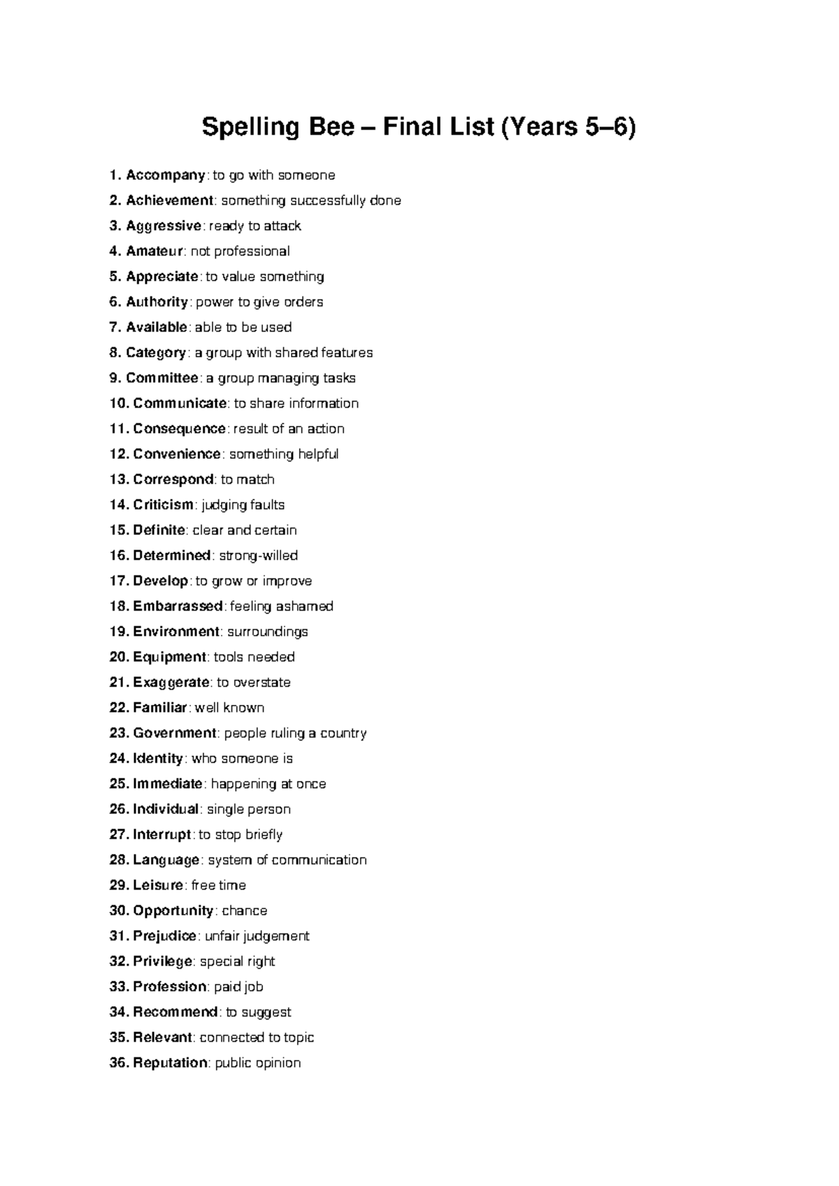 Spelling Bee Final List for Years 5 & 6 (260119) - Studocu