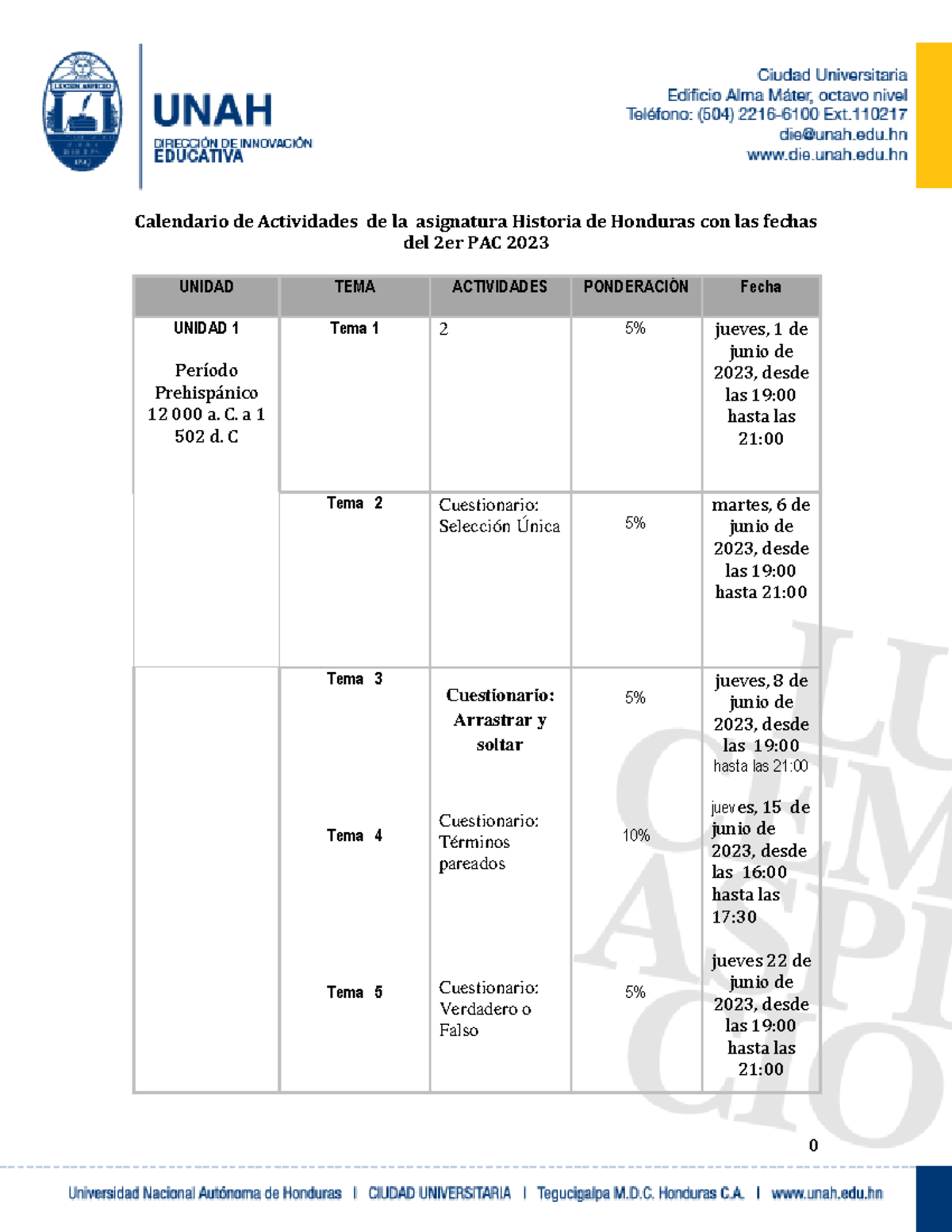Calendario Seccion 1901 - Calendario de Actividades de la asignatura Historia de Honduras con ...