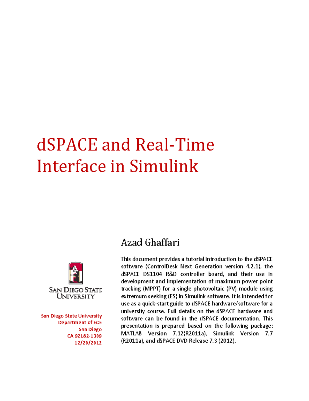 D Space Tutorial - dSPACE and Interface in Simulink Azad Ghaffari San ...