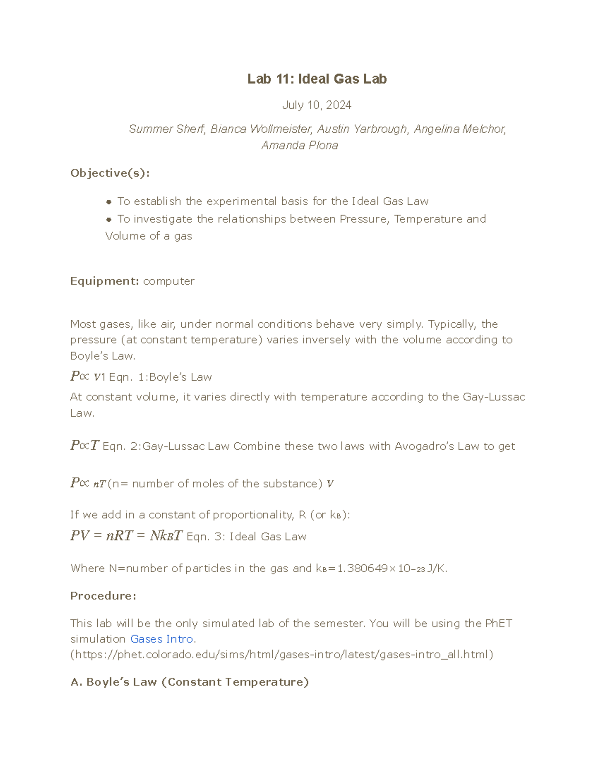 Lab 11: Ideal Gas Law Experiment - Summer 2024 Analysis - Studocu