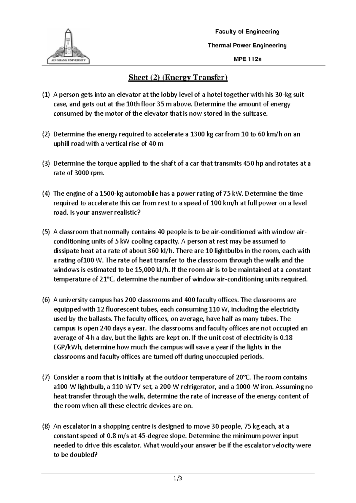 MPE112s Sheet 02: Energy Transfer Calculations and Solutions - Studocu