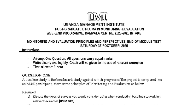 UGANDA MANAGEMENT INSTITUTE M&E PRINCIPLES END OF MODULE TEST - Studocu