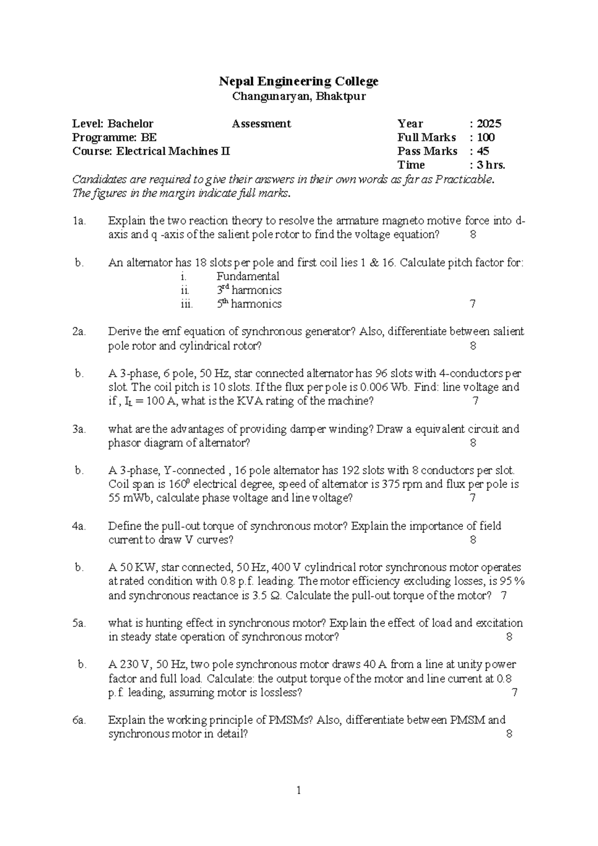 Electrical Machines II Assessment - 4th Sem (BE 2025) - Studocu