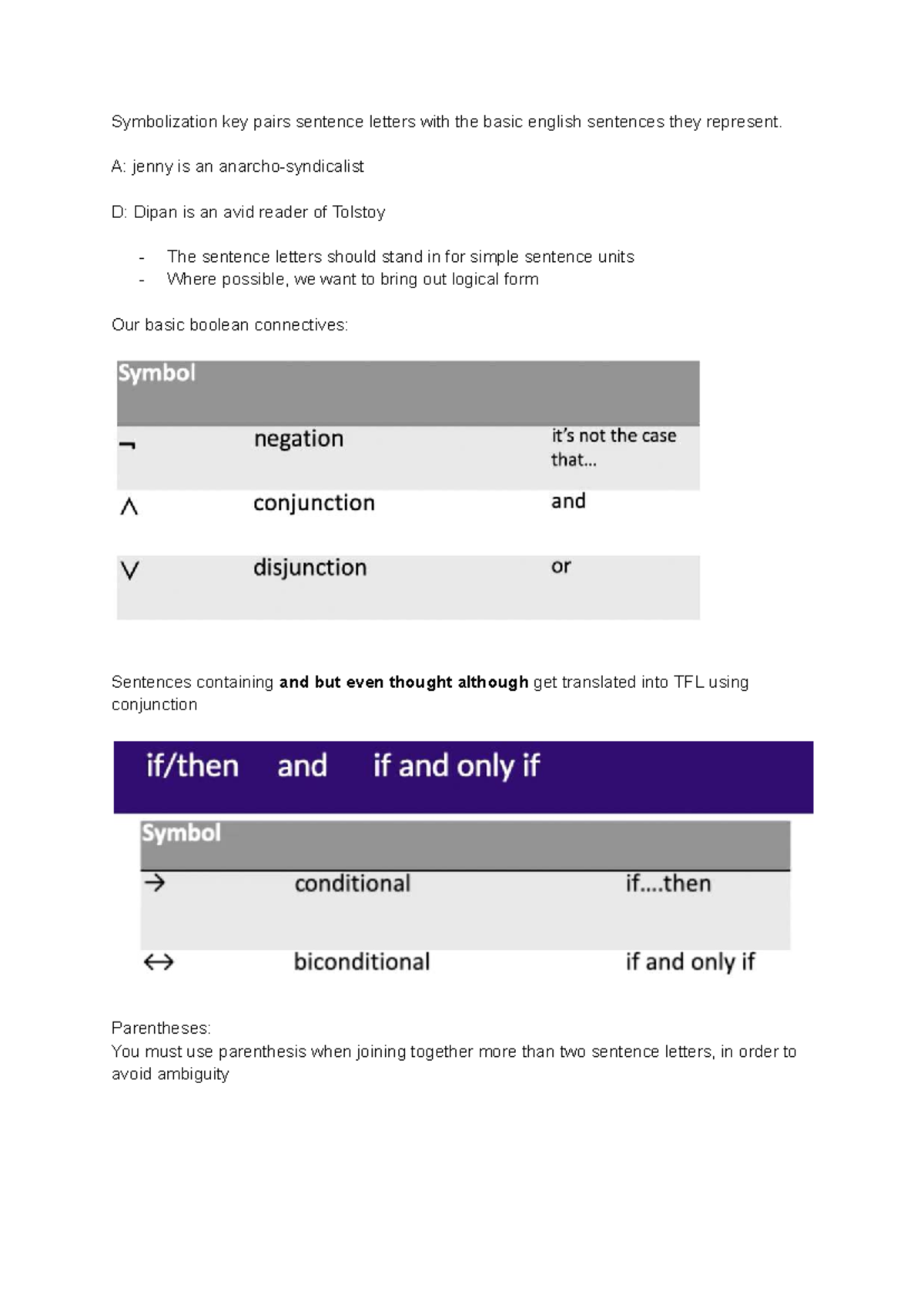 Formal Logic - Week 2 - Symbolization key pairs sentence letters with ...