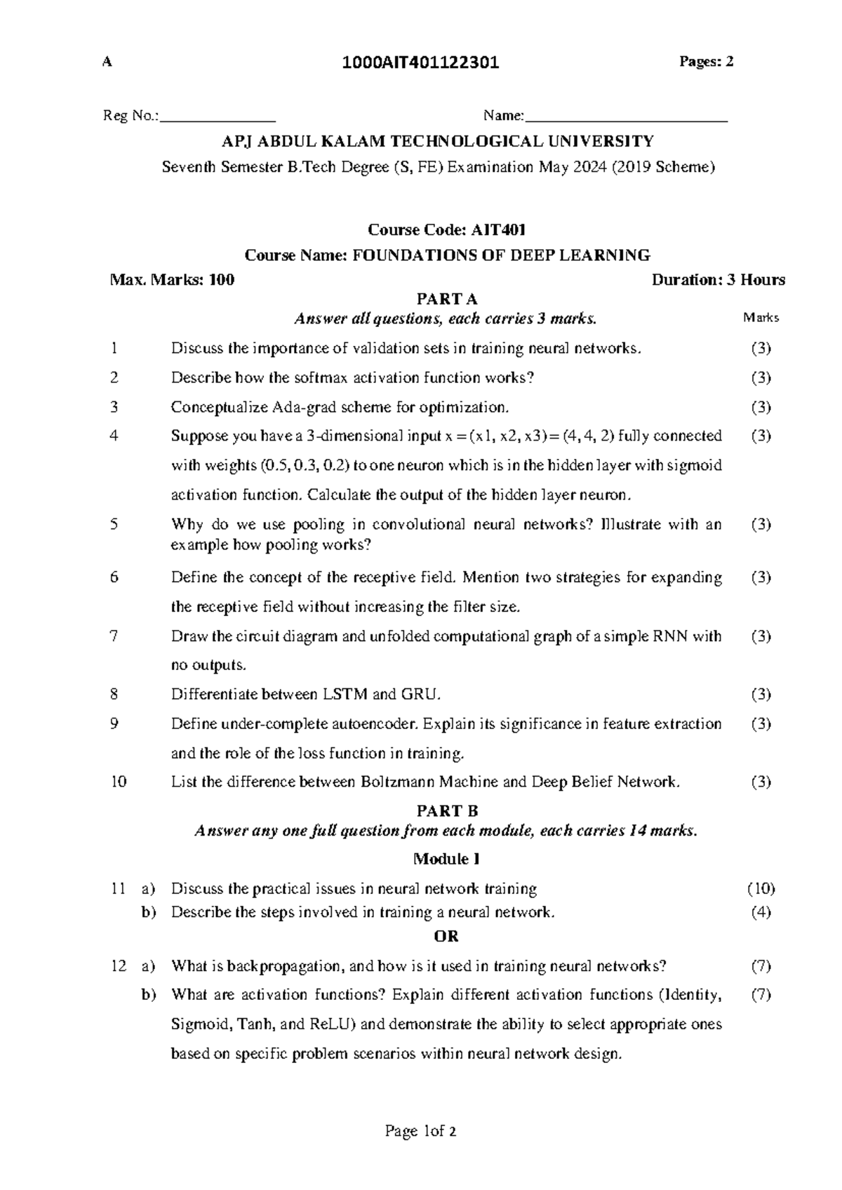 AIT401 - Foundations of Deep Learning: May 2024 Question Paper - Studocu