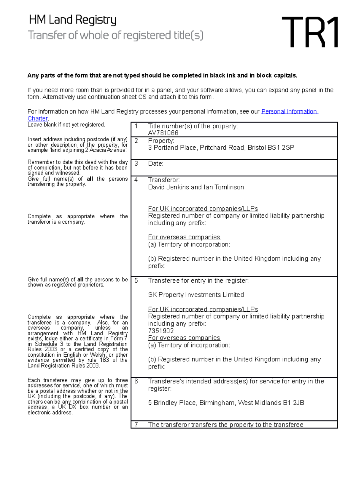 Completed TR1 Form exemplar - Any parts of the form that are not typed ...