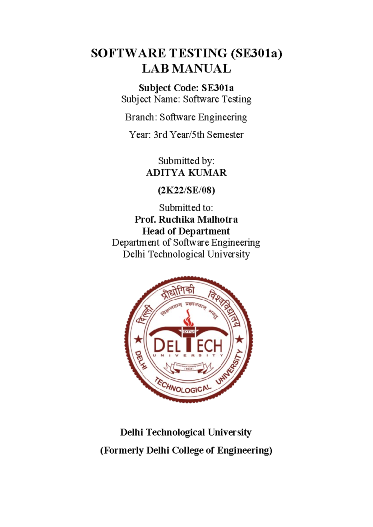 Software Testing - notes - SOFTWARE TESTING (SE301a) LAB MANUAL ...