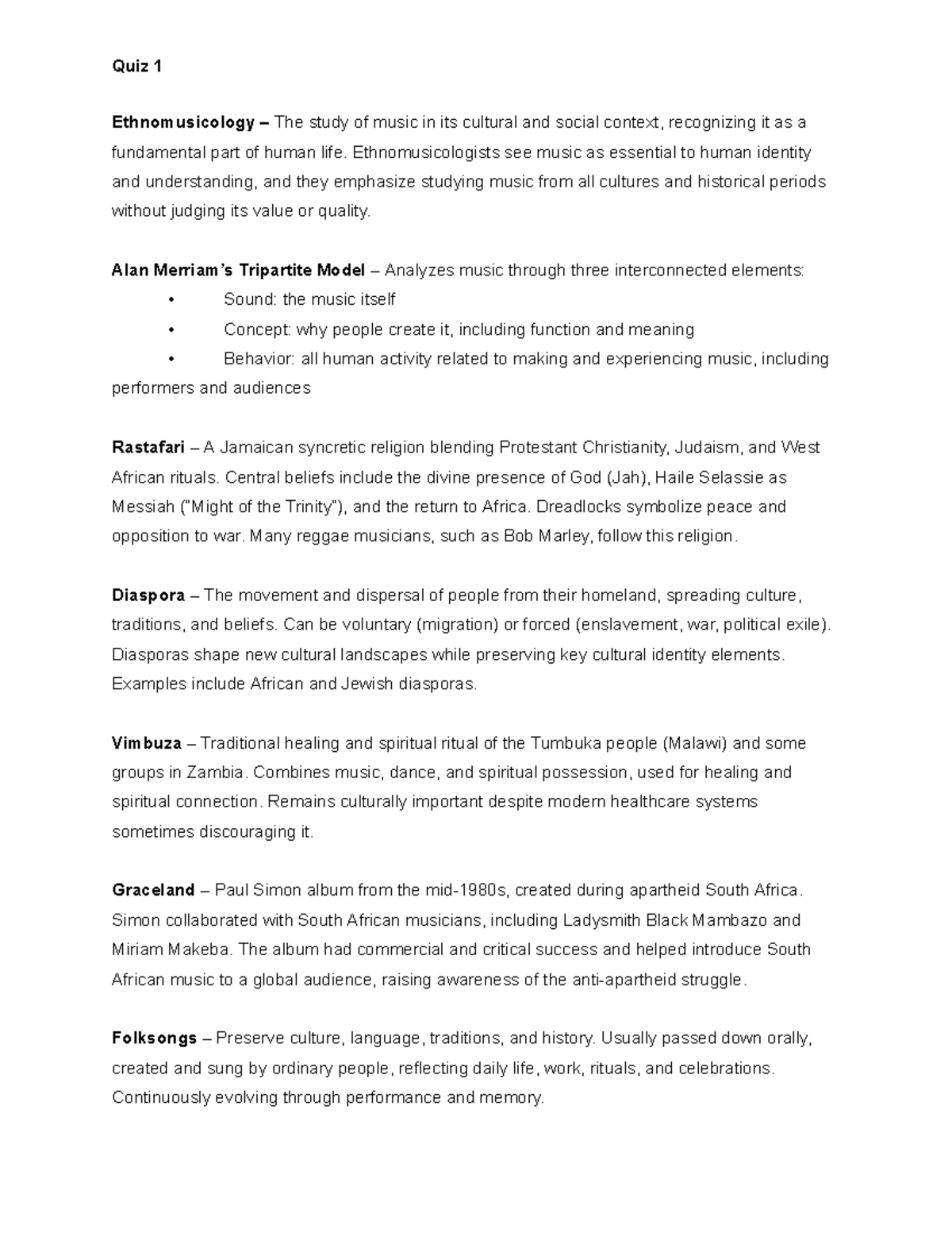 Quiz 1 Study Guide: Ethnomusicology Insights and Concepts - Studocu