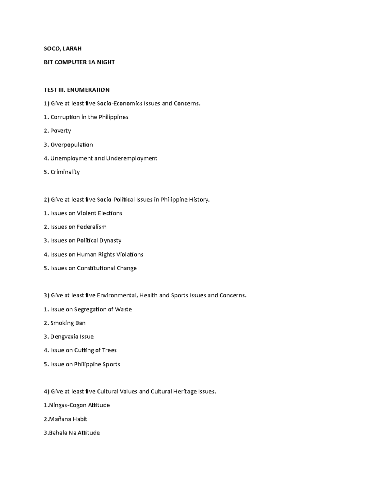 SOCO, Larah TEST III. Enumeration - SOCO, LARAH BIT COMPUTER 1A NIGHT ...