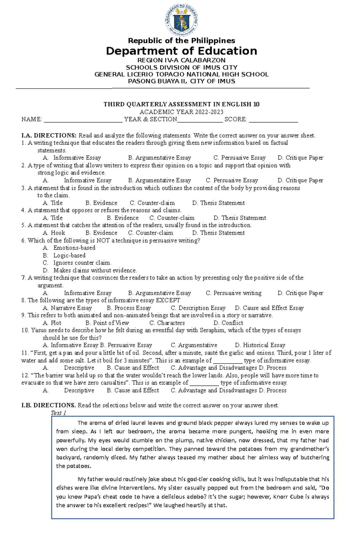 Mga Worksheet para sa Pagsasaling-Wika (IKATLONG MARKAHAN) - Studocu