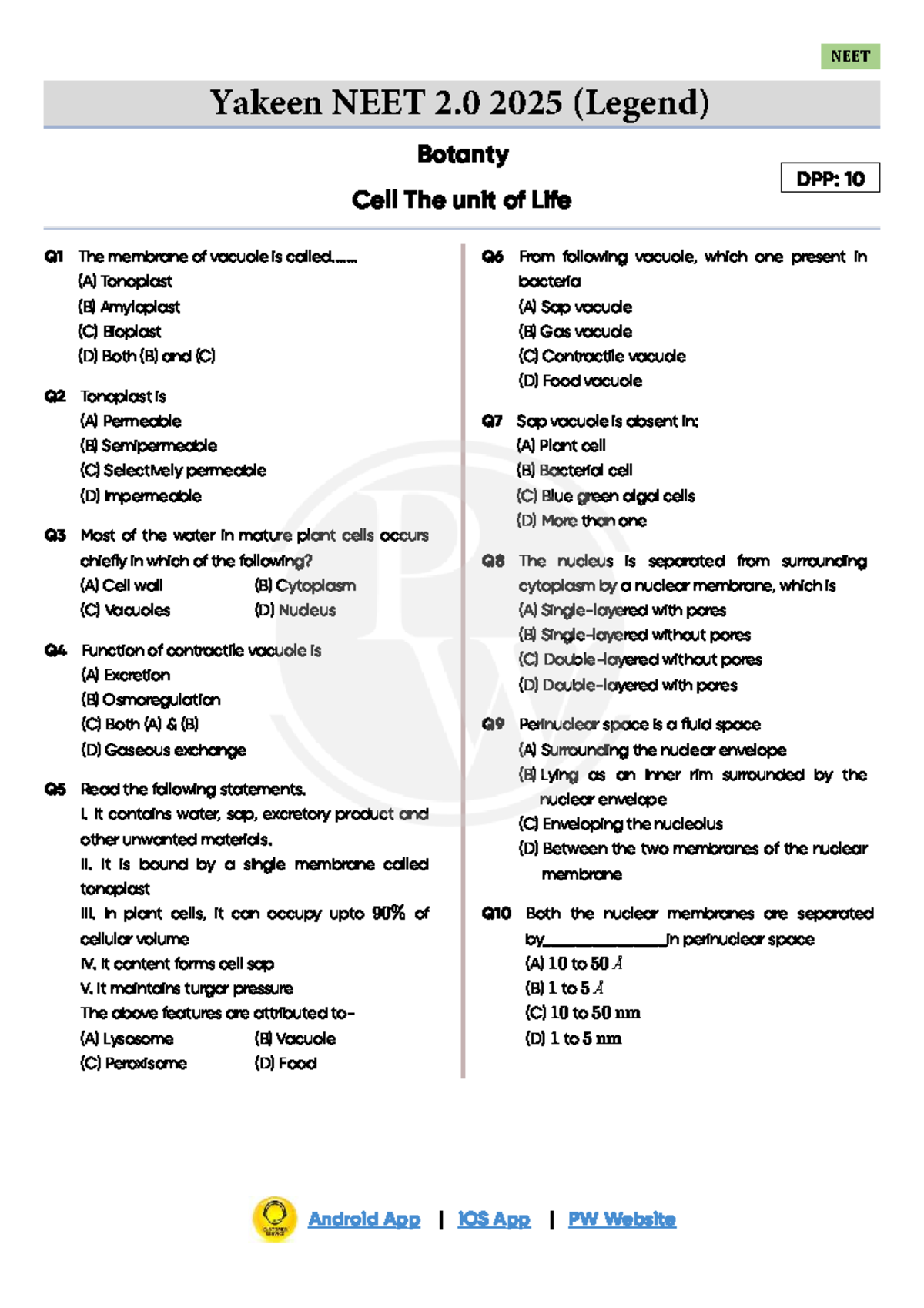 NEET 2.0 2025: Cell - The Unit of Life DPP 10 (Botany) - Studocu