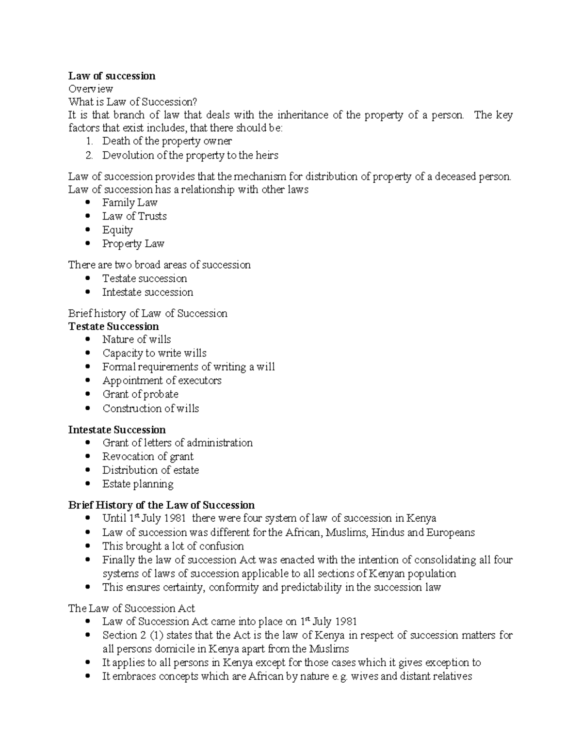 Law of Succession (Kenyas) - Comprehensive Notes and Overview - Studocu