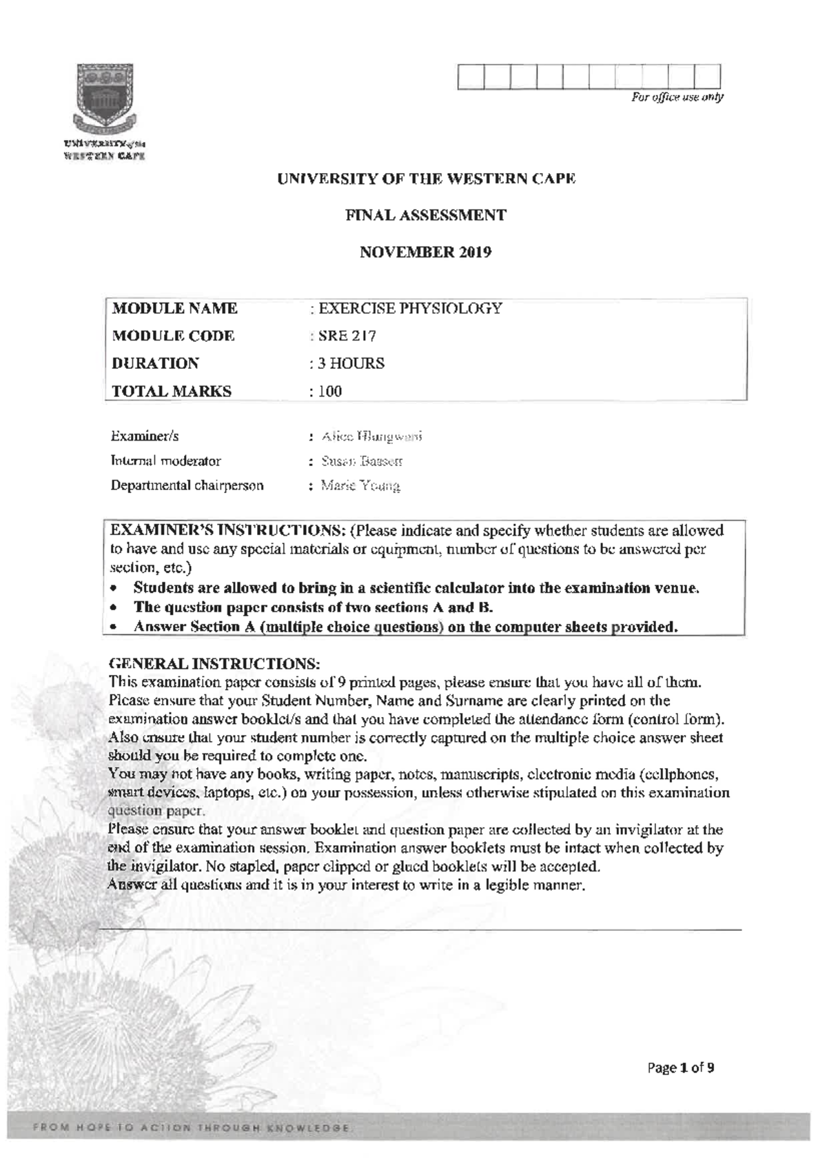 SRE217 Final Exam Past Paper - Exercise Physiology November 2019 - Studocu