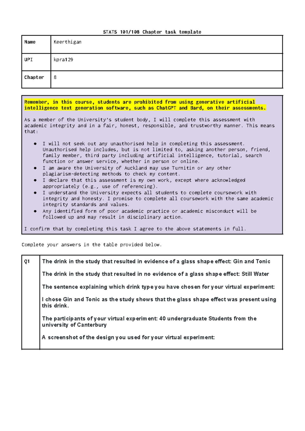 STATS Chapter 8 Task Template - Academic Integrity & Experiment Design ...
