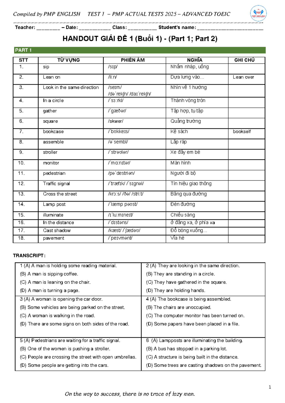 TEST 1 – PMP ACTUAL TESTS 2025 – ADVANCED TOEIC HANDOUT - Studocu
