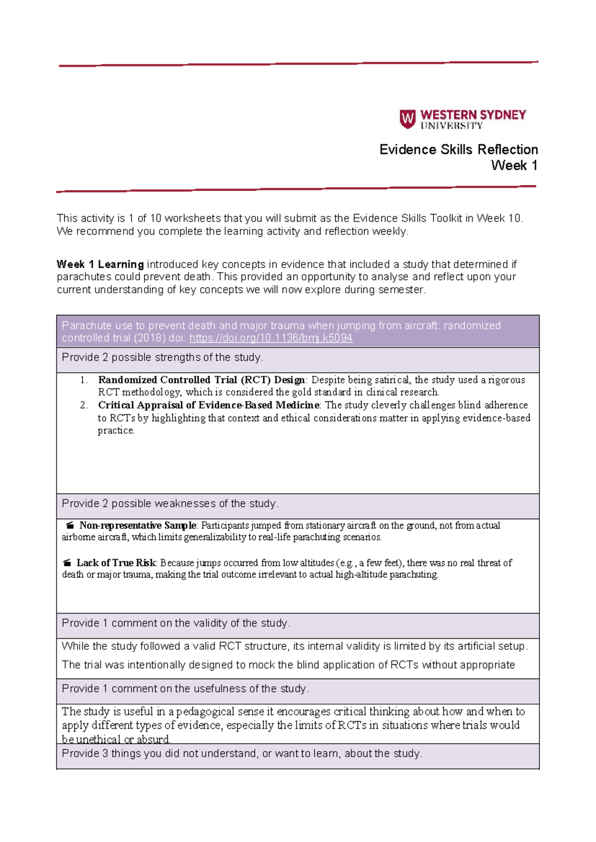 EIH Evidence Skills Reflection: Key Concepts & Analysis Week 1 - Studocu