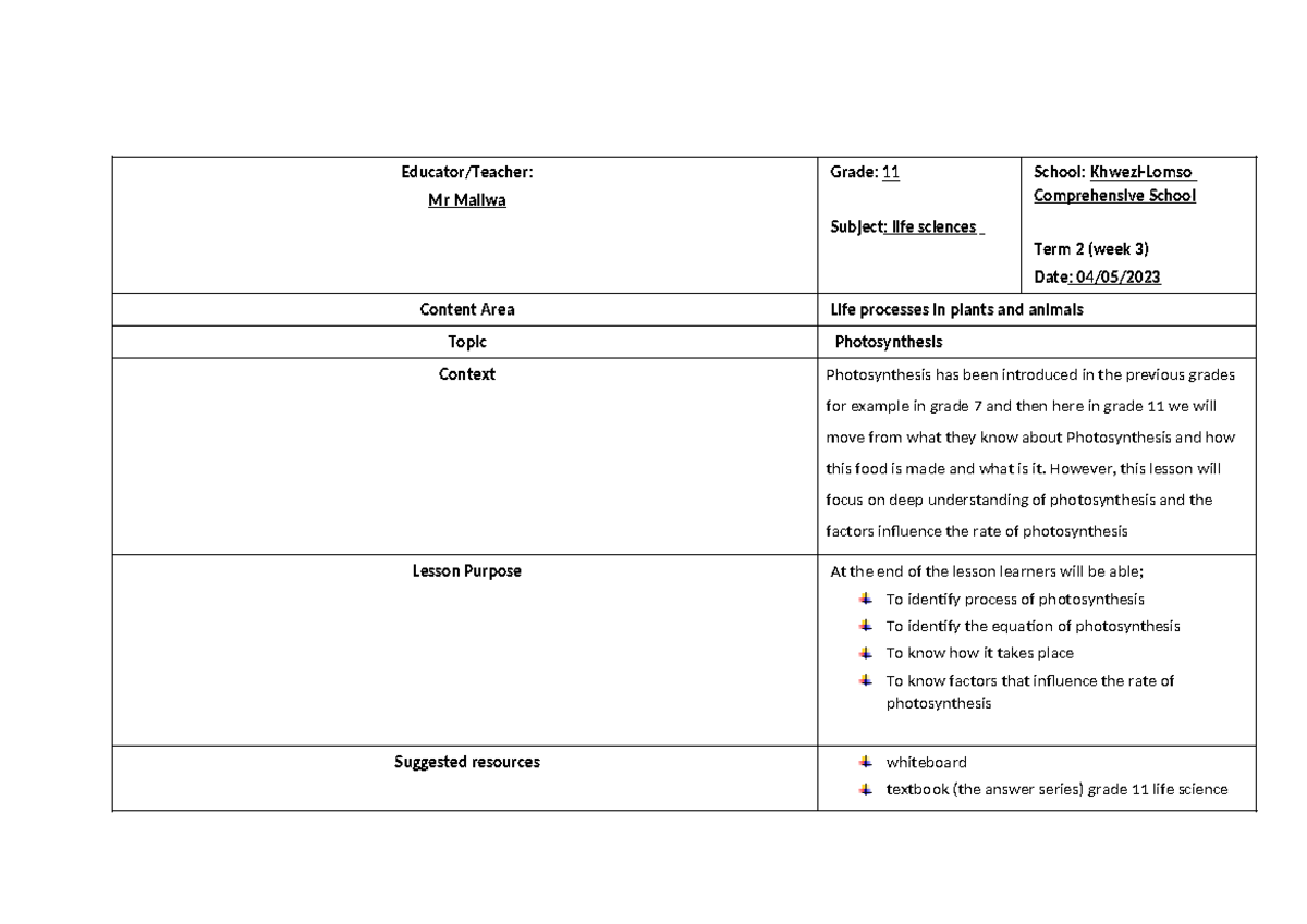 Life Science Lesson Plan on Photosynthesis (Grade 11, Term 2) - Studocu