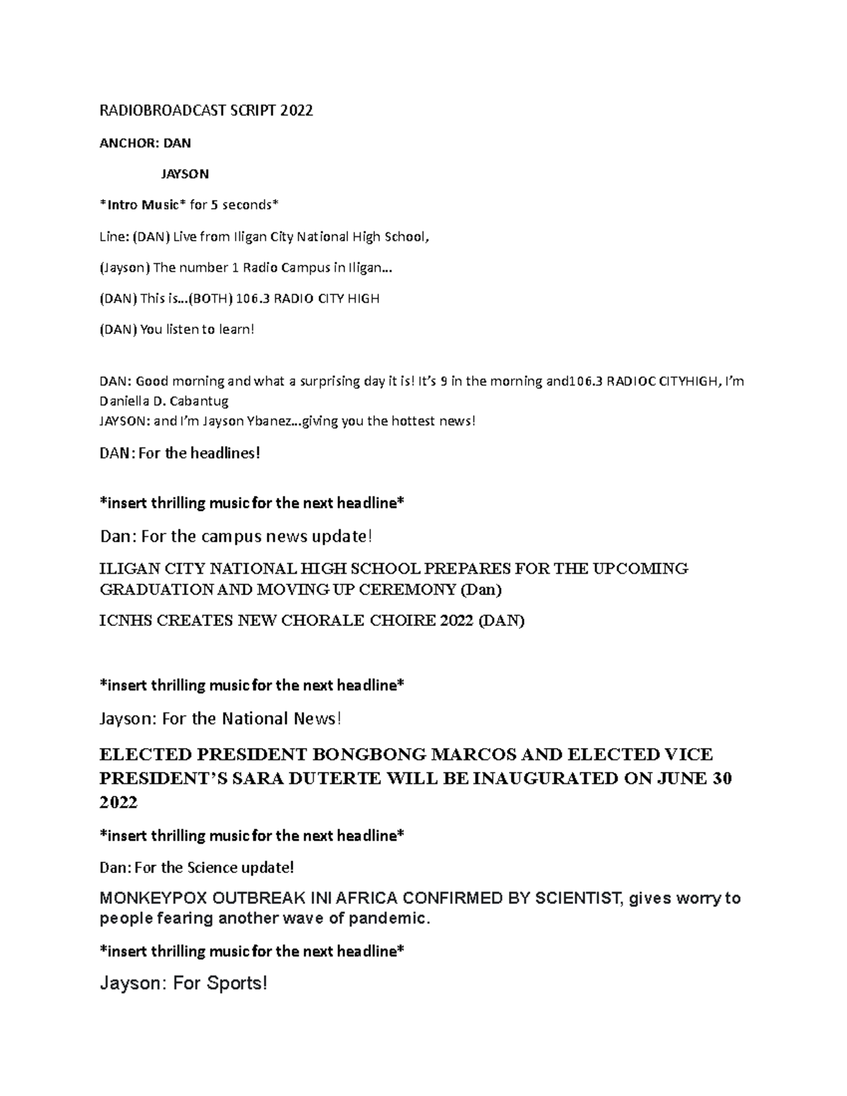 Radiobroadcast- Script-2022 - RADIOBROADCAST SCRIPT 2022 ANCHOR: DAN ...