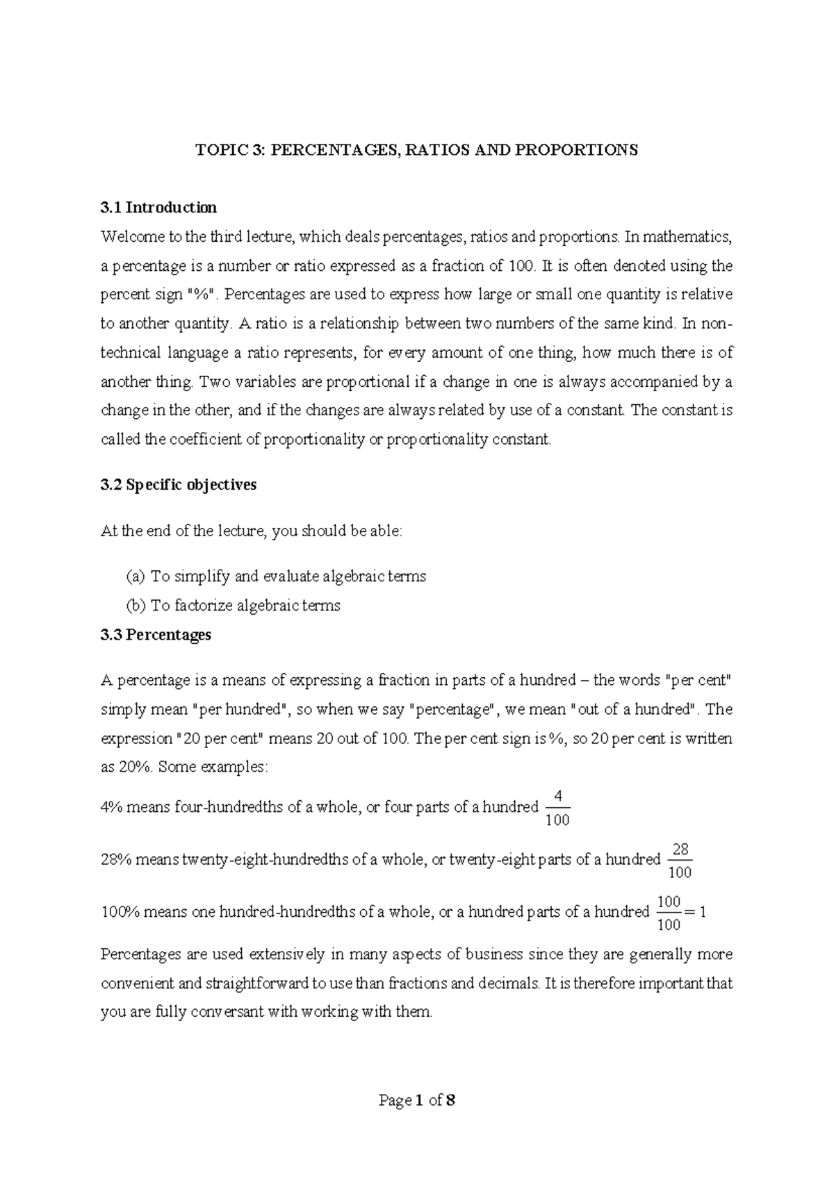 MAT 101: Lecture 3 - Percentages, Ratios & Proportions Overview - Studocu