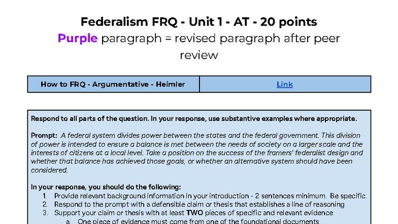 2025 Federalism FRQ - Unit 1 - AT - 20 Points: Argumentative Analysis ...