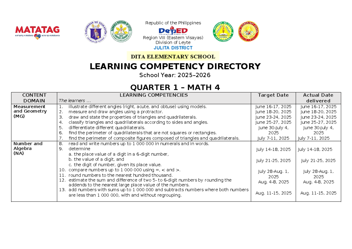 LCD MATH 4: Learning Competencies for Quarters 1-4 - Studocu