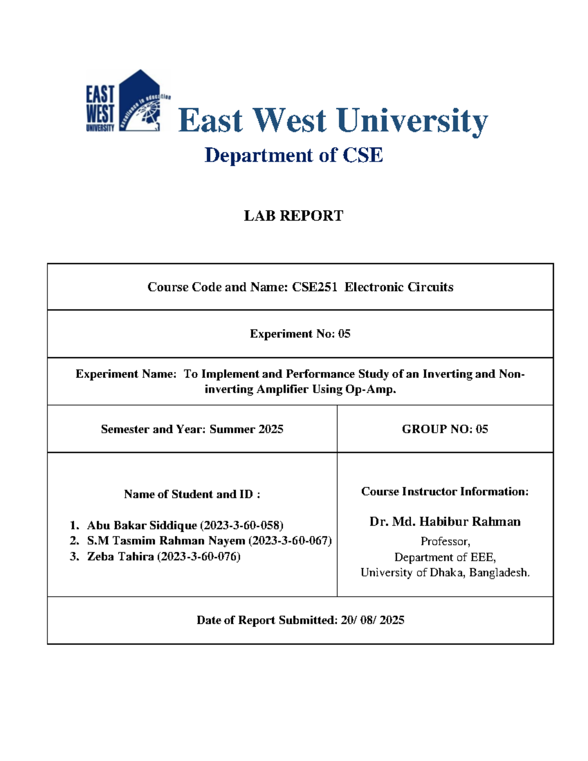 CSE251 Lab Report: Inverting & Non-Inverting Amplifier Study - Studocu