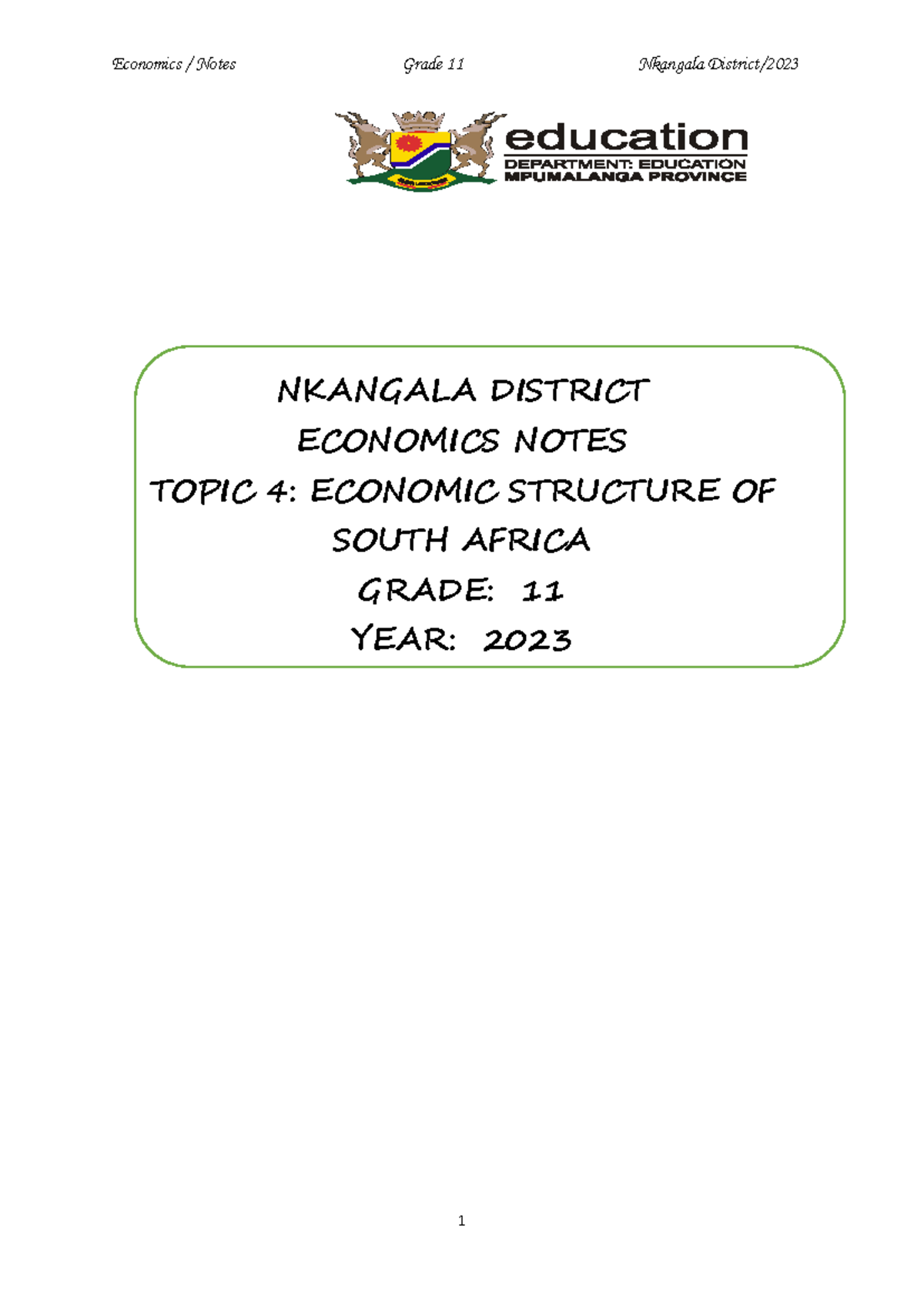 Grade 11 Economics Notes: Economic Structure of South Africa (Topic 4 ...
