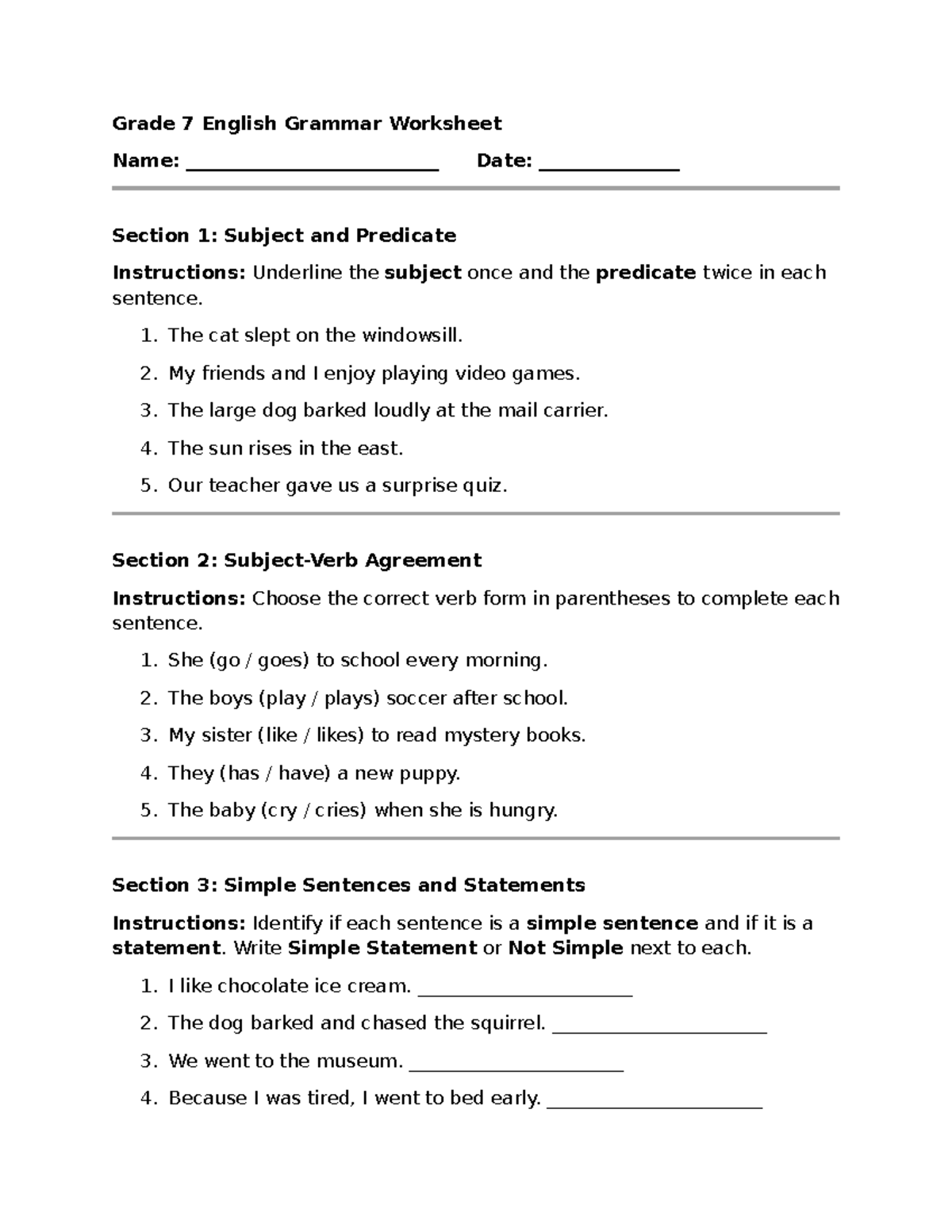 Grade 7 English Grammar Worksheet: Subjects, Predicates & Tenses - Studocu