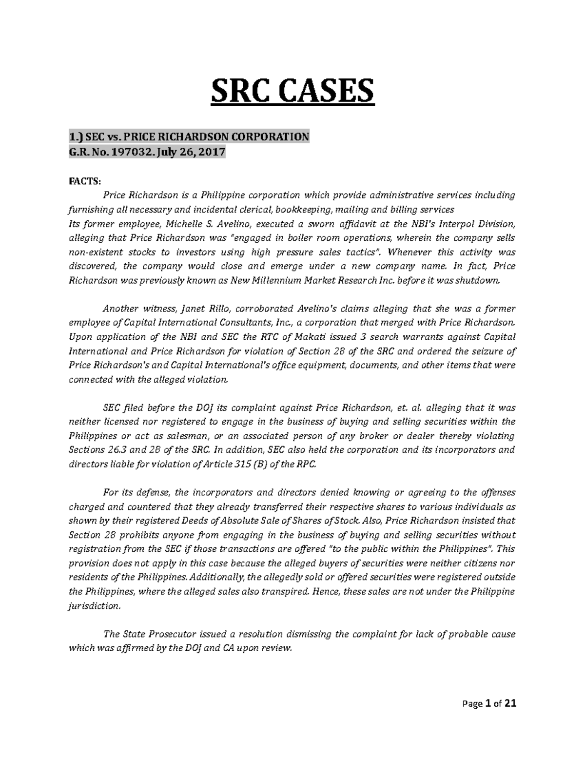 SRC Case Digests: Analysis of SEC vs. Price Richardson Corp. & Others ...