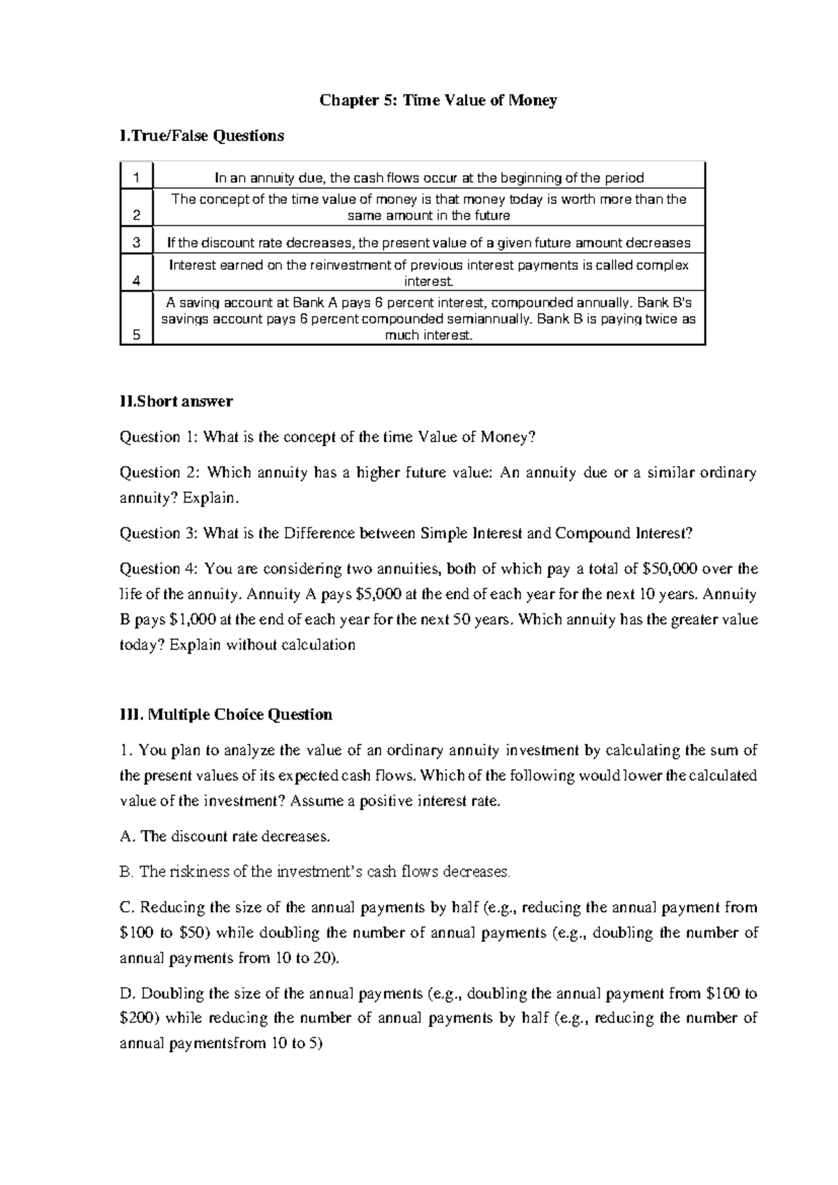Chapter 5 Time value of money - Chapter 5: Time Value of Money I/False ...