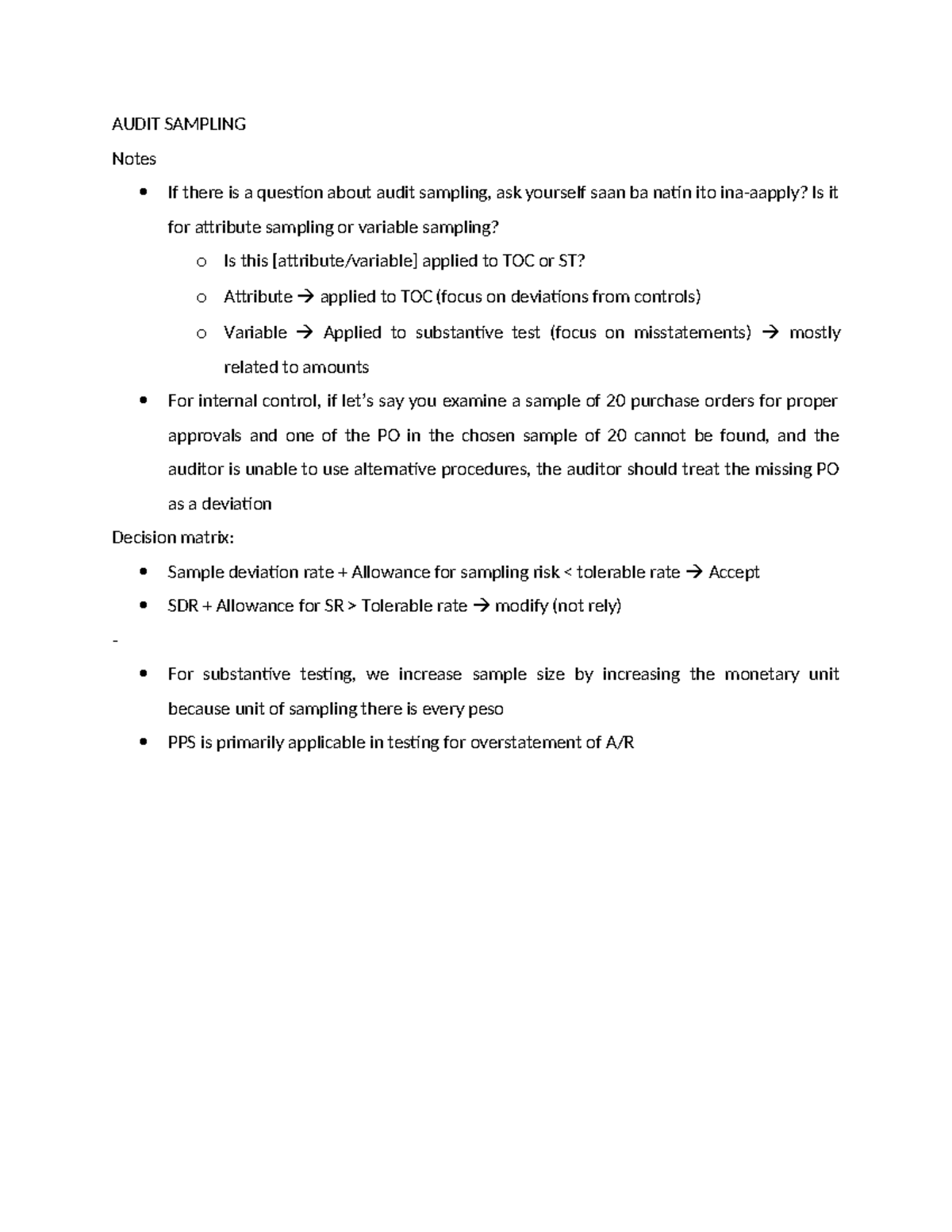 AUDIT 101: Audit Sampling Notes and Decision Matrix - Studocu