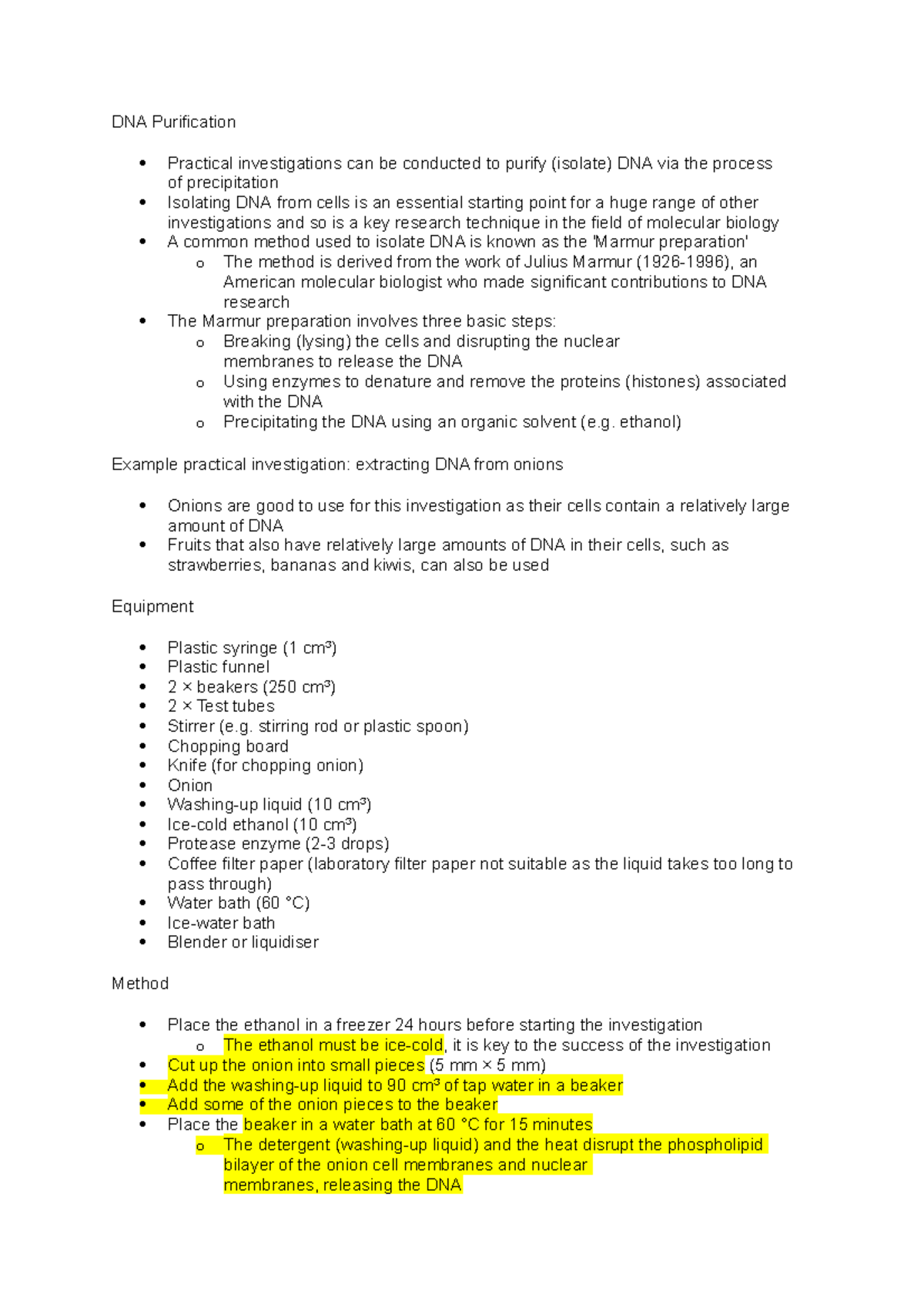 DNA Purification Experiment: A-Level Biology Practical Guide - Studocu