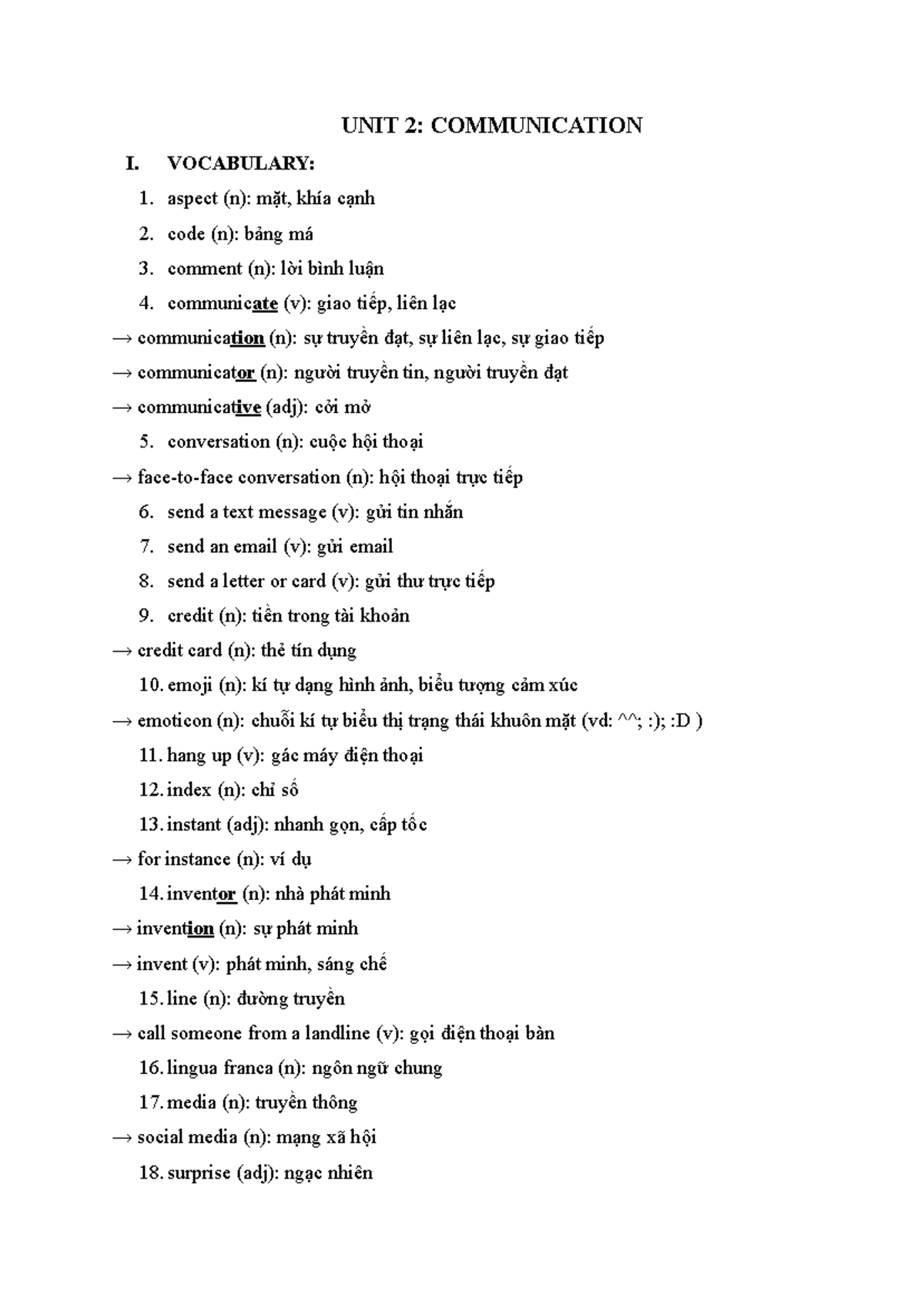 UNIT 2: COMMUNICATION VOCABULARY & PRESENT CONTINUOUS - LỚP 7 - Studocu