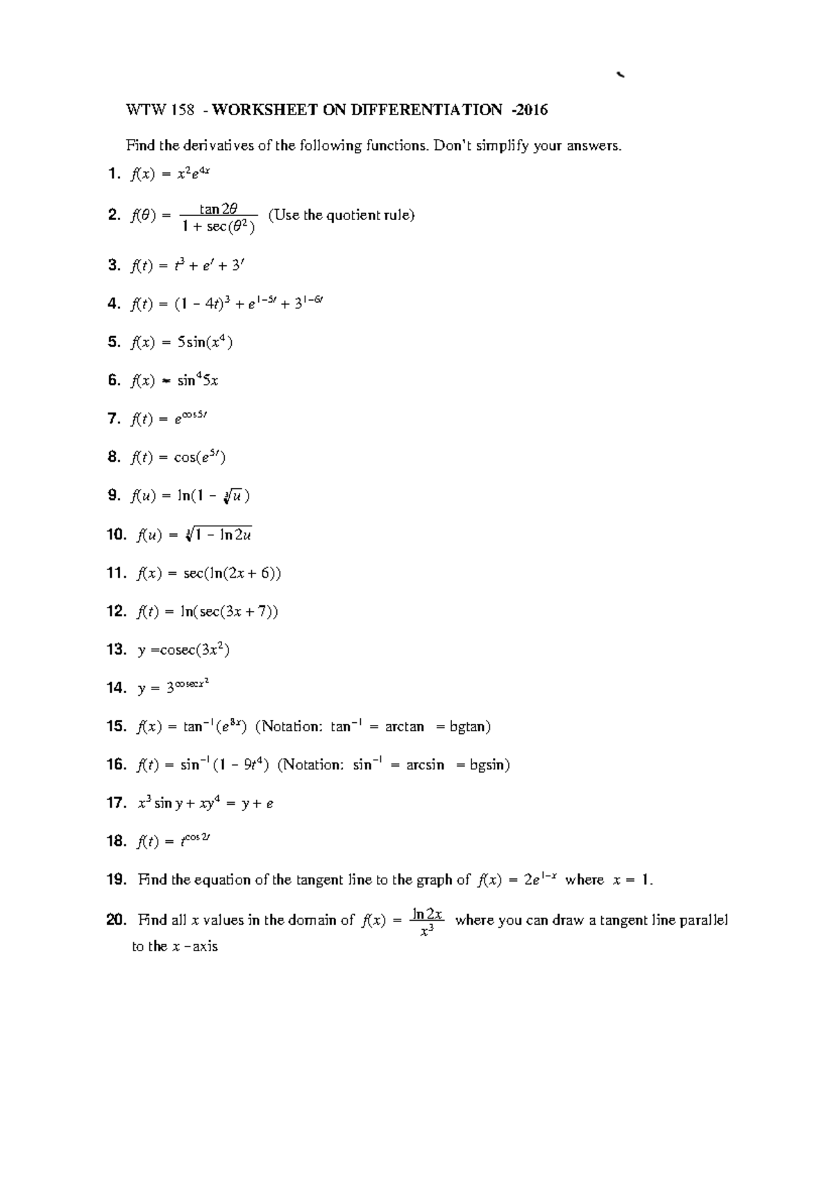 WTW 158 WORKSHEET ON DIFFERENTIATION: Derivatives & Tangent Lines - Studocu