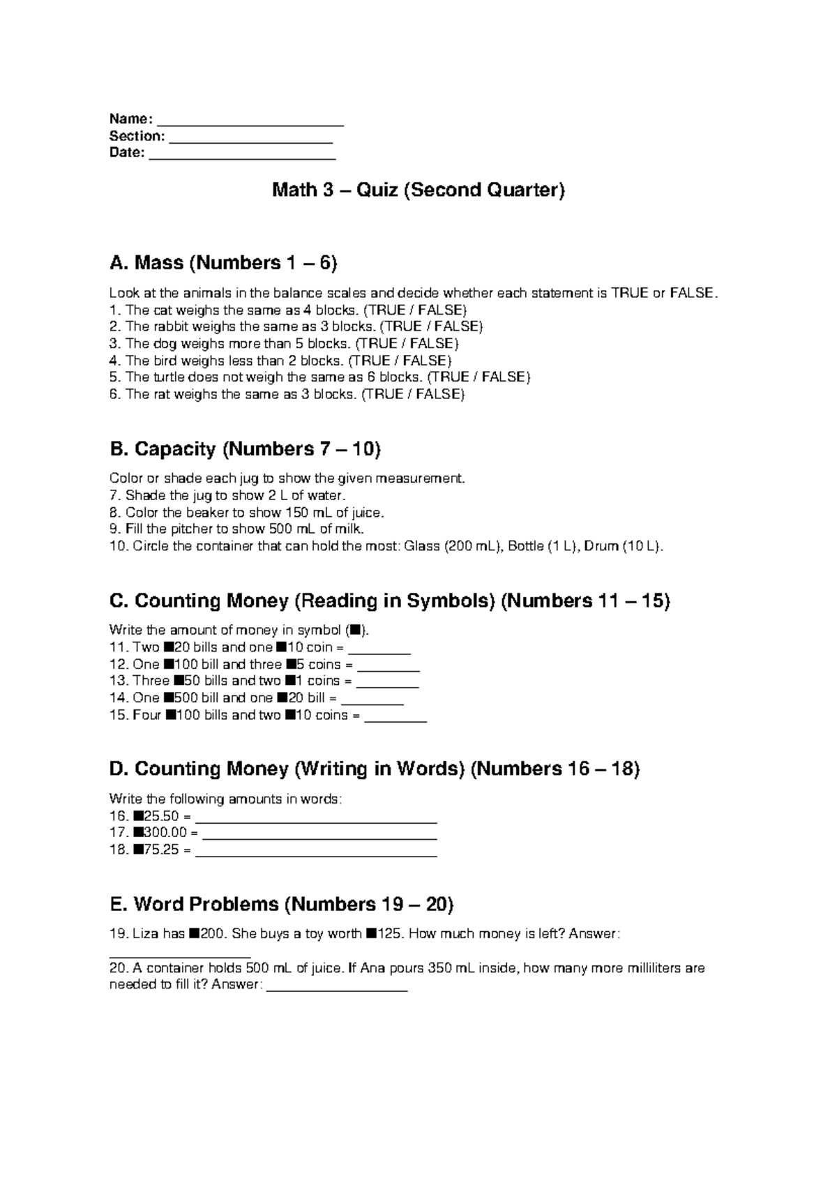 Math 3 Quiz (2nd Quarter) - Grade 3 Exam Reviewer - Studocu
