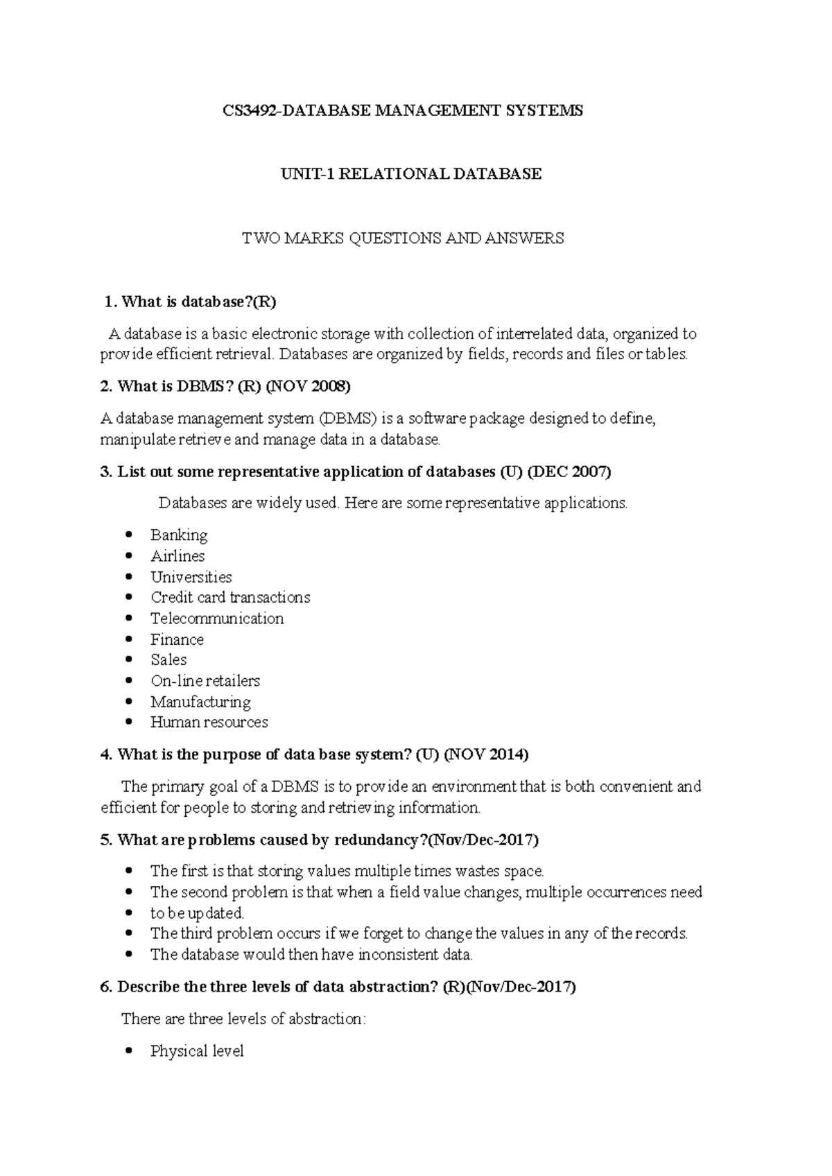 CS3492: DBMS Unit-wise Two-mark and Major Questions Compilation - Studocu