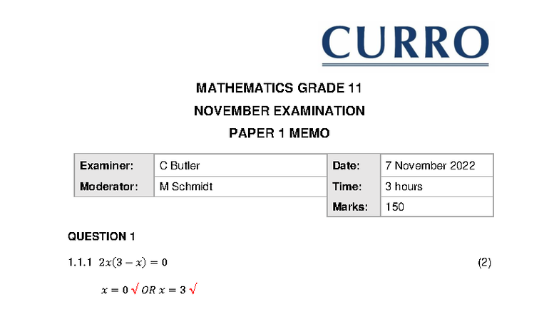 Grade 11 Mathematics P1 November 2022 Examination Memo - Studocu