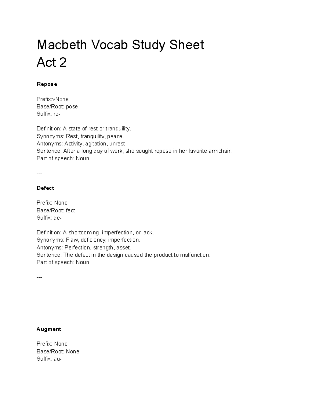 Macbeth Act 2 Vocabulary Study Sheet: Key Terms and Definitions - Studocu