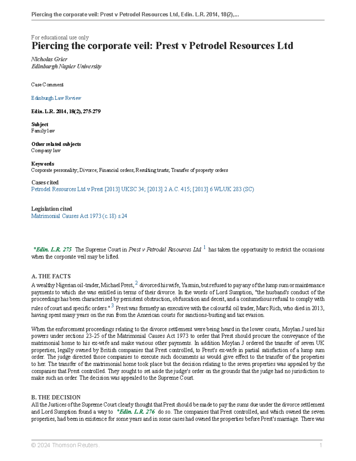 Final Exam Notes: Piercing the Corporate Veil in Prest v Petrodel (Law ...