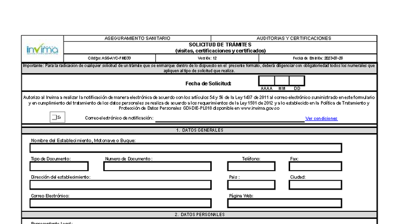 Formato Invima para Solicitud de Certificaciones y Auditorías - Studocu
