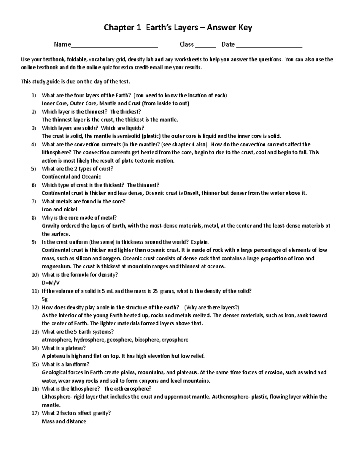Chapter 1 Answer Key - Chapter 1 Earth’s Layers – Answer Key Name