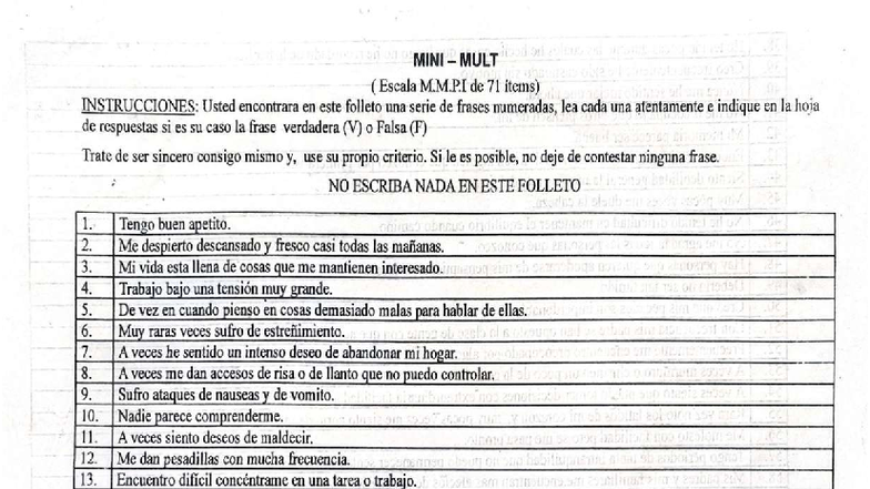 MINI MULT (Escala M.M.P.I de 71 ítems) - Cuadernillo de Preguntas - Studocu