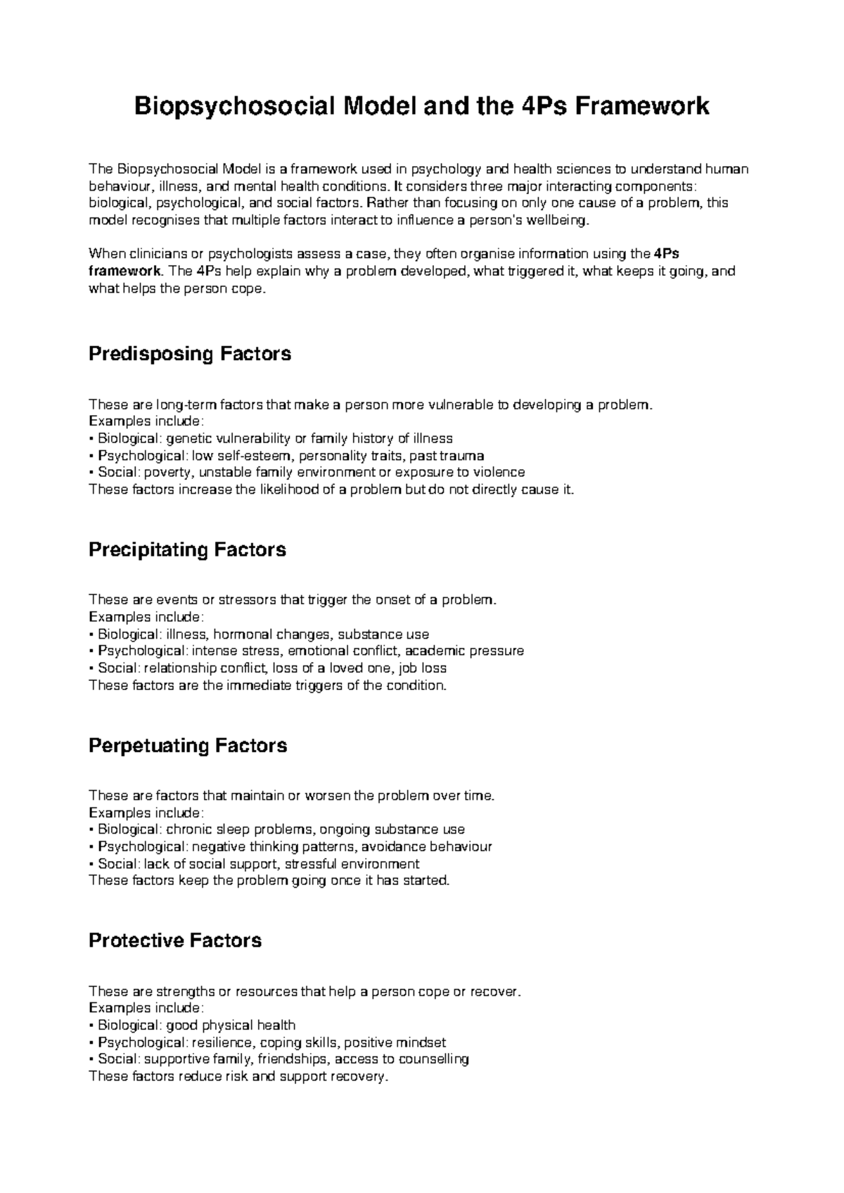 Study Unit 1: Biopsychosocial Model & 4Ps Framework Notes - Studocu