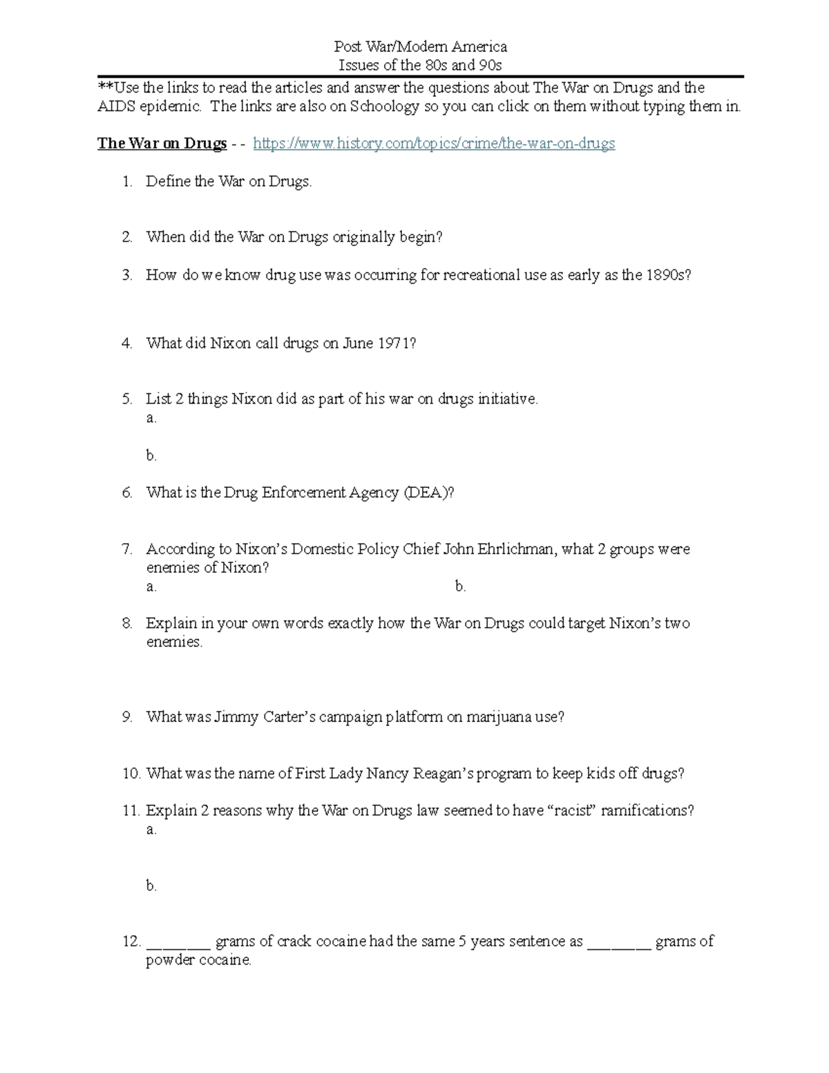 AIDS and War on Drugs Web Quest Questions - Post War/Modern America ...